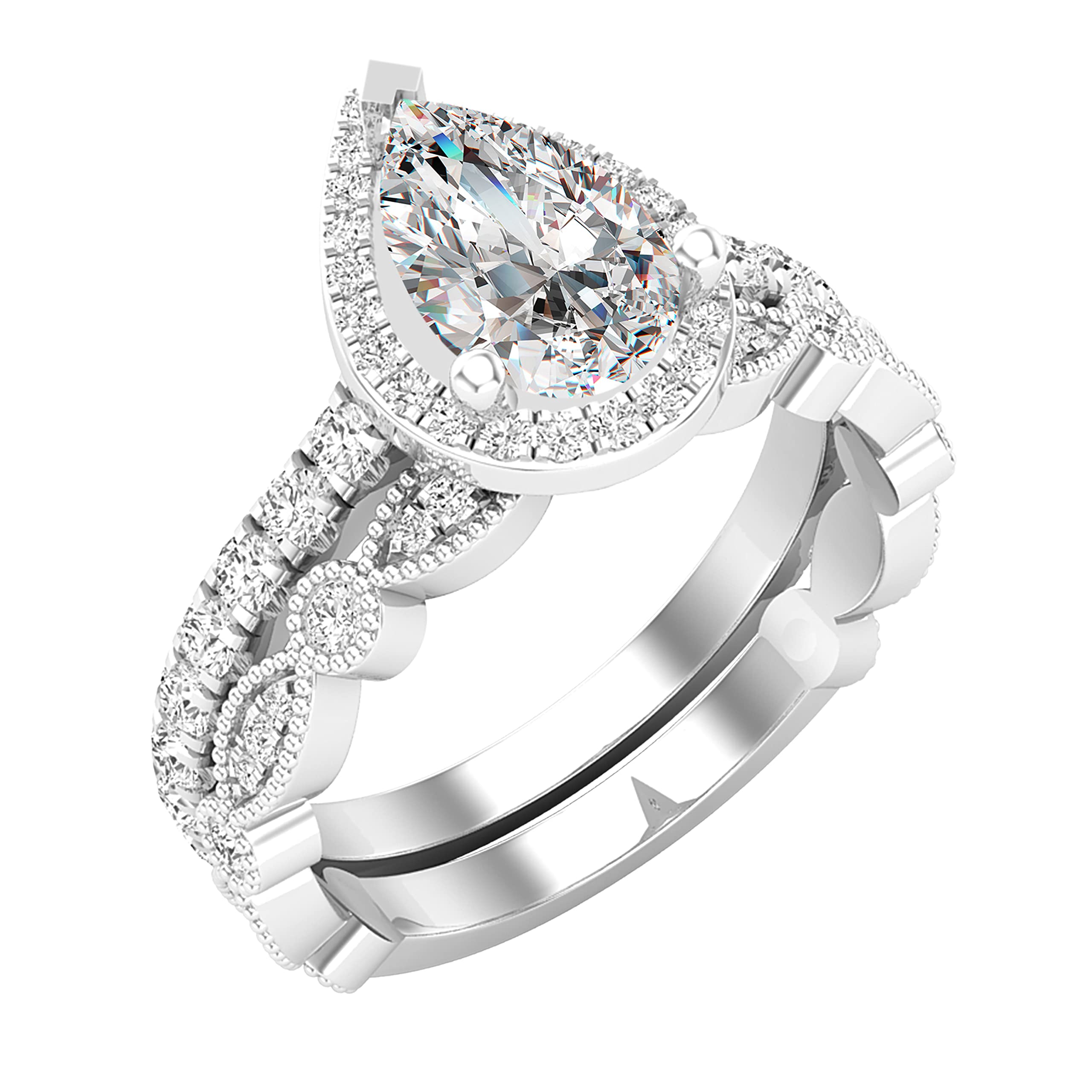 Dazzlingrock Collection 9x6mm Pear Cubic Zirconia & 0.80 Carat Round White Diamond Alternate Marquise Shaped Miligrain Engagement Ring Set for Women in 925 Sterling Silver Size 8