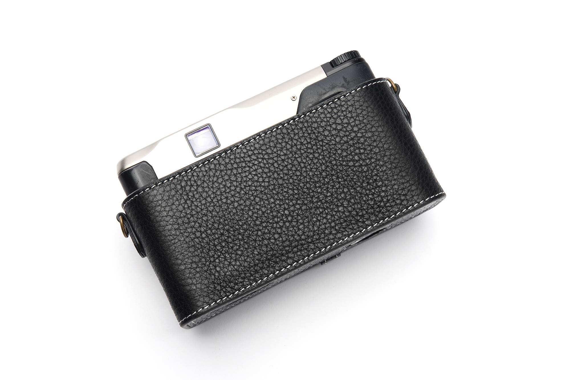 Contax TVS II Case, BolinUS Handmade Genuine Real Leather Half Camera Case Bag Cover for Contax TVS II Camera with Hand Strap (Black)
