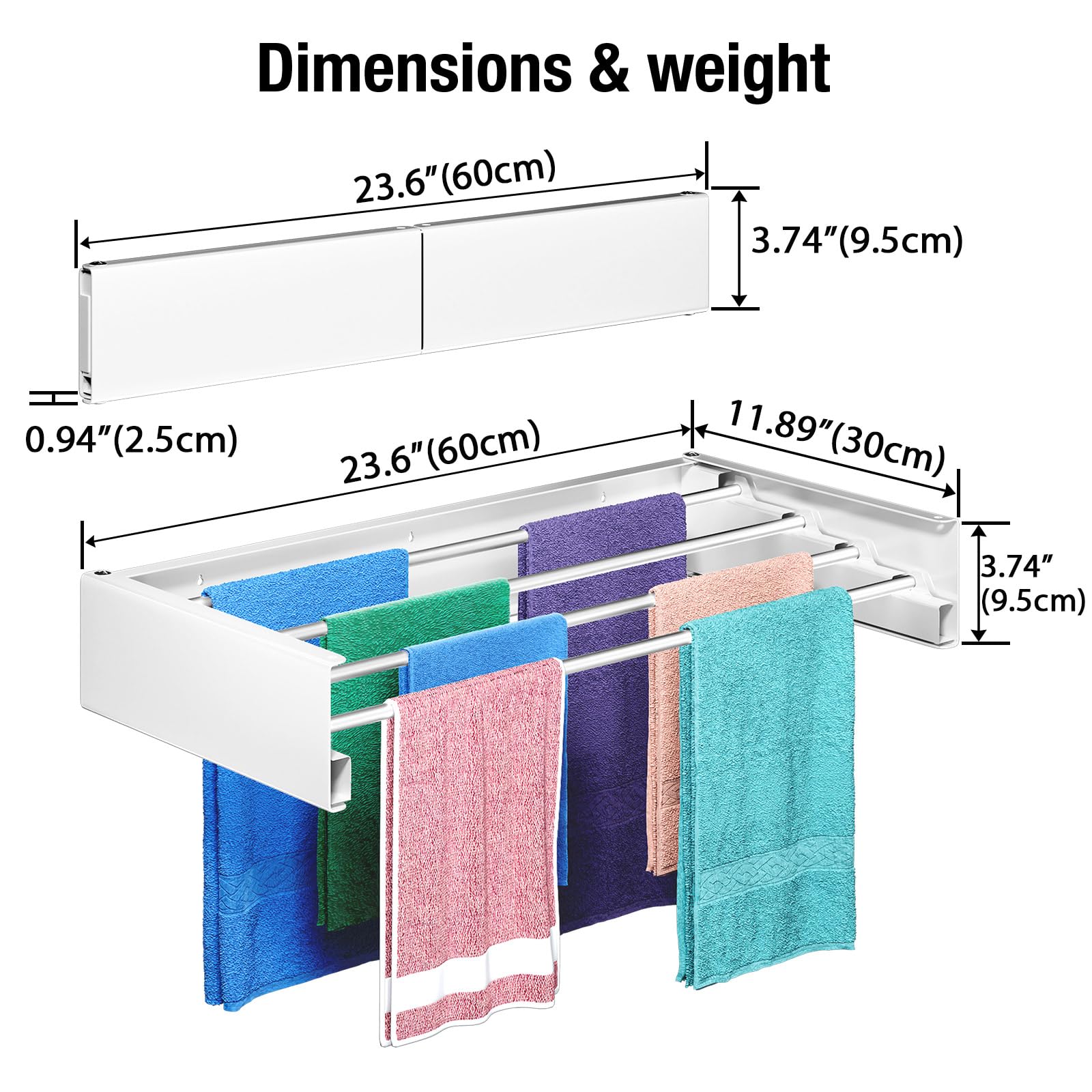 kenvc Laundry Drying Rack Collapsible: Wall Mounted Clothes Drying Rack - 23.6" Wide 9.9Linear Ft 4 Aluminum Rods 40 lb Capacity with Wall Template Screwdriver Bit Drill Bit(White, 24)