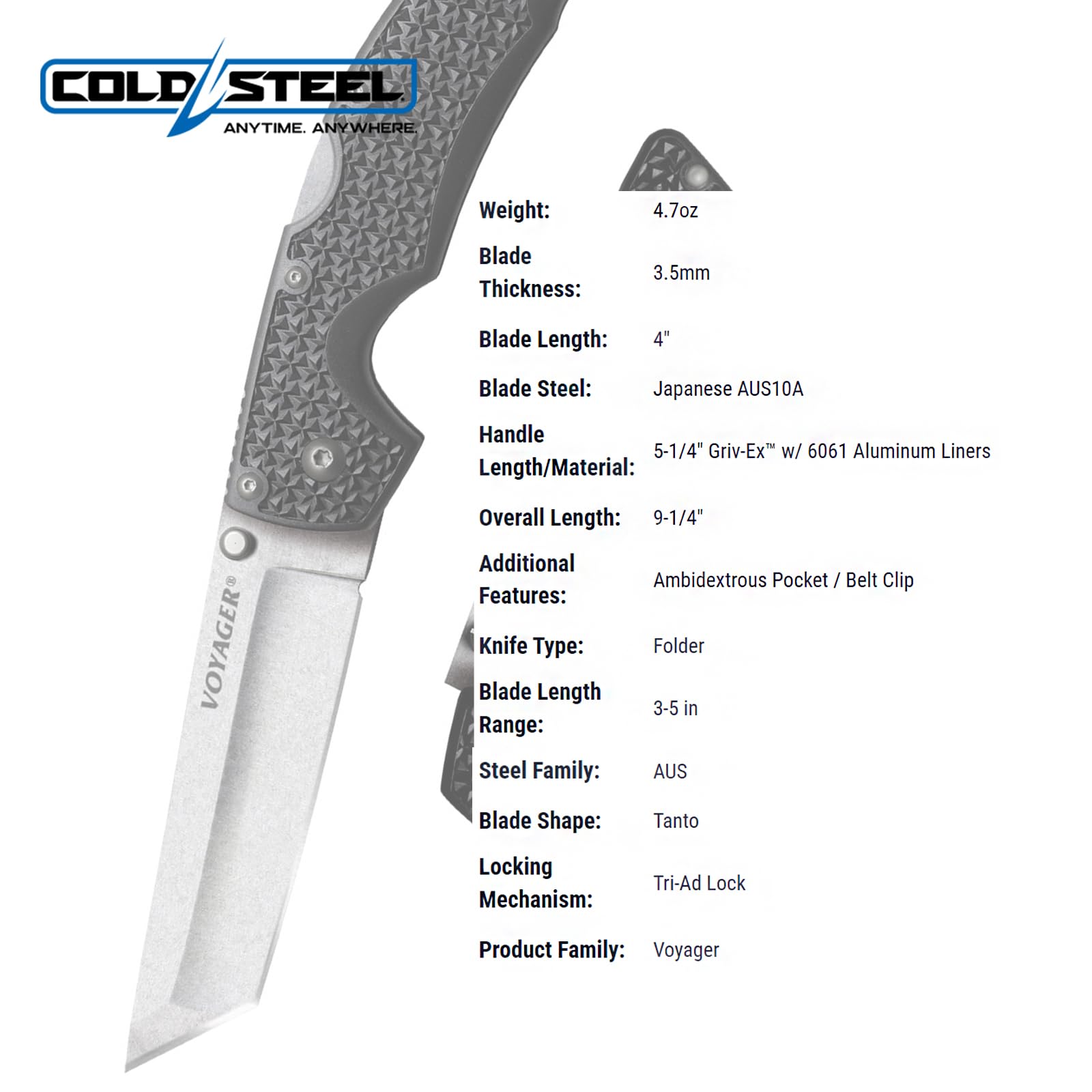 Cold Steel Voyager Large 4" AUS10A Tanto Point Razor-Sharp Blade 5.25" Griv-Ex Handle Everyday Carry Tactical Folding Knife w/Tri-Ad Lock