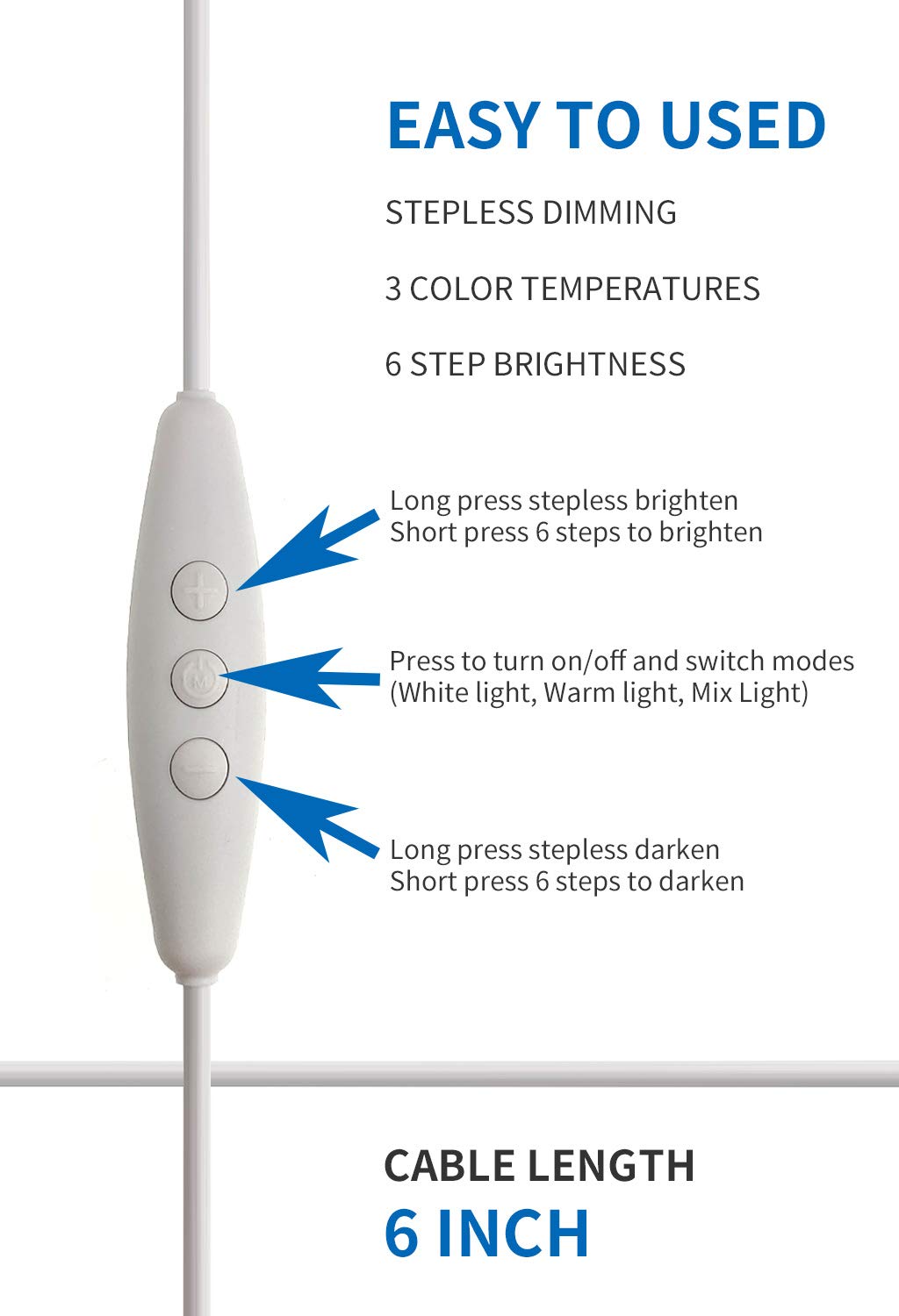 Dimmable LED Under Couter Lighting 3 color Temperature, 6th levels Brightness and Stepless Dimming, White Light Nature Light Warm Light, USB Powered LED Light Bar