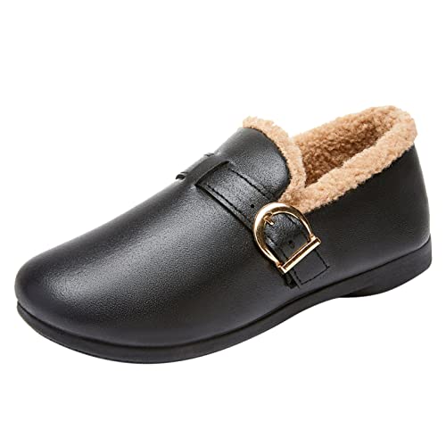 FASDNENDYS Fashion Winter Women Casual Shoes Flat Bottom Round Toe Solid Color Buckle Short Plush Warm and Comfortable Walking Black