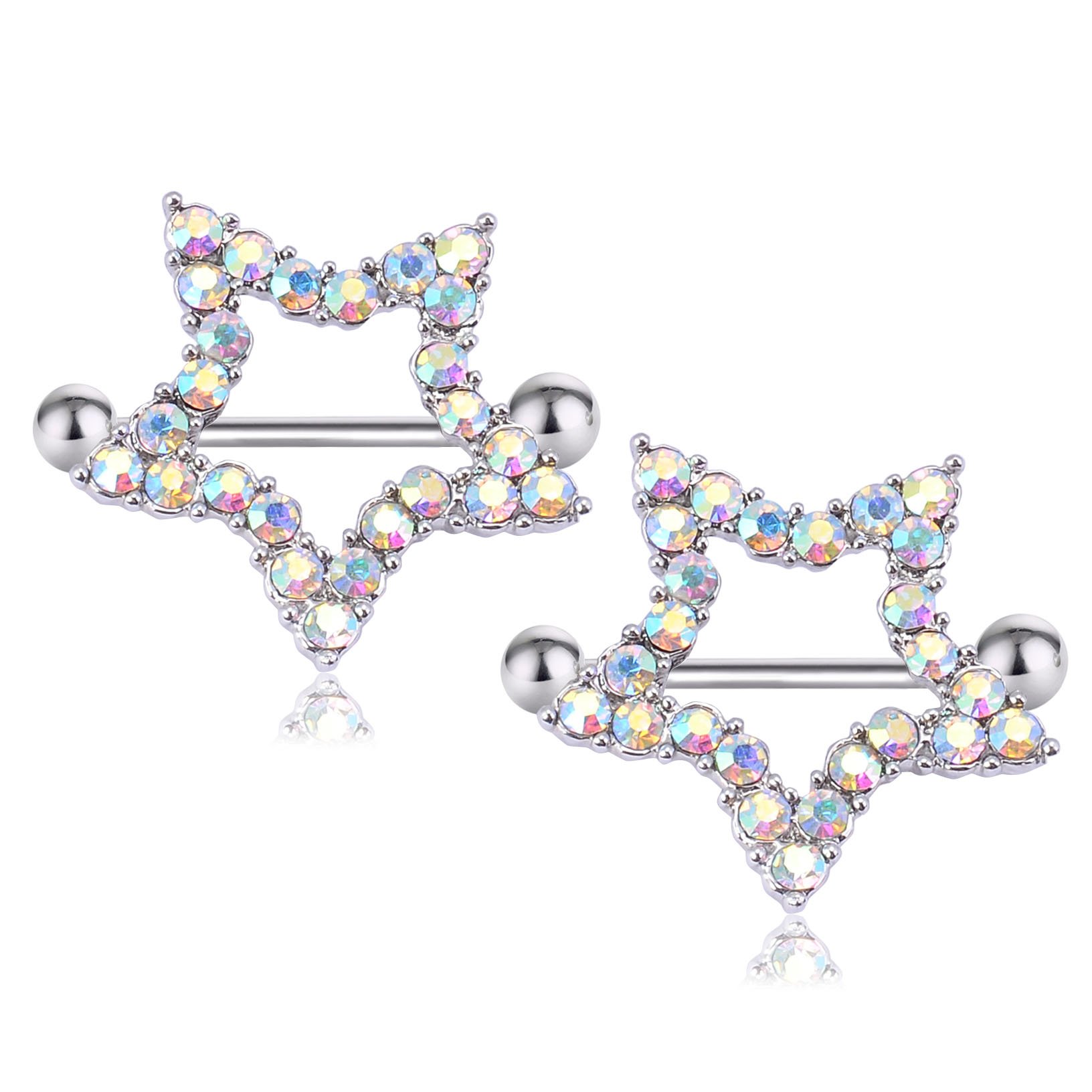 CrazyPiercing 1Pair Rhinestone Paved Star Nipple Piercing Rings Barbells 14Gauge (AB Colorful)