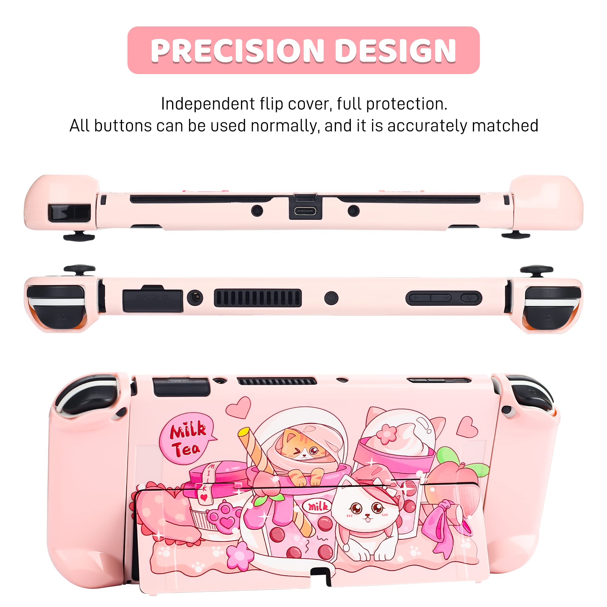 FANPL Cute Case Compatible with Nintendo Switch OLED 2021, Pink Cover with Milk Tea & Cat Pattern for Switch OLED, Hard PC Shell with Ergonomics Joycon Case, Dockable Protective Case for Girls