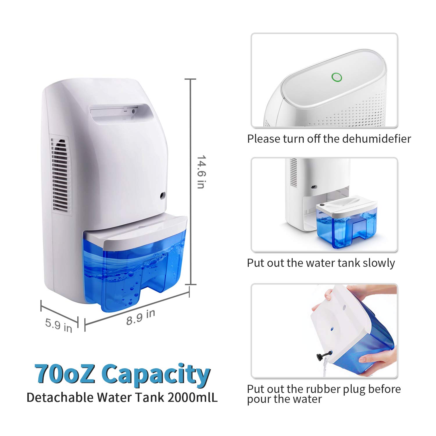 Electric Dehumidifier, Mini Dehumidifier, 2200 Cubic Feet, Compact and Portable for Moisture, Dust in Home Bedroom Bathroom Kitchen Basement Caravan Office Garage (White)