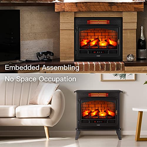 Electric Fireplace Infrared Heater 3D Freestanding Fireplace Stove Heater with Remote Control, Timer, Adjustable Flame Effect, Upgraded Safety Protection 24"