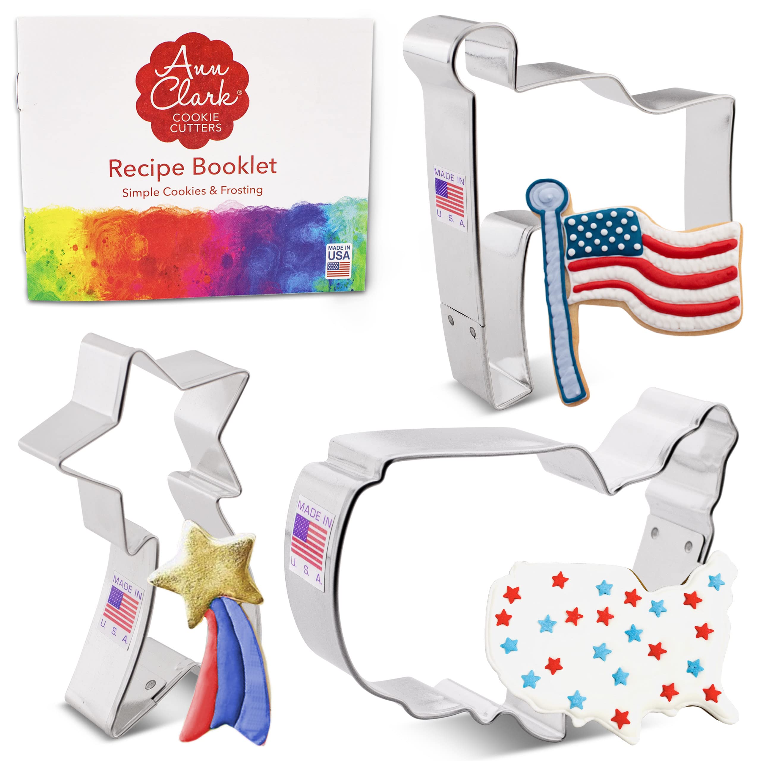 Fourth of July Cookie Cutter 3-Pc Set Made in USA by Ann Clark, Flag, Shooting Star, USA Map