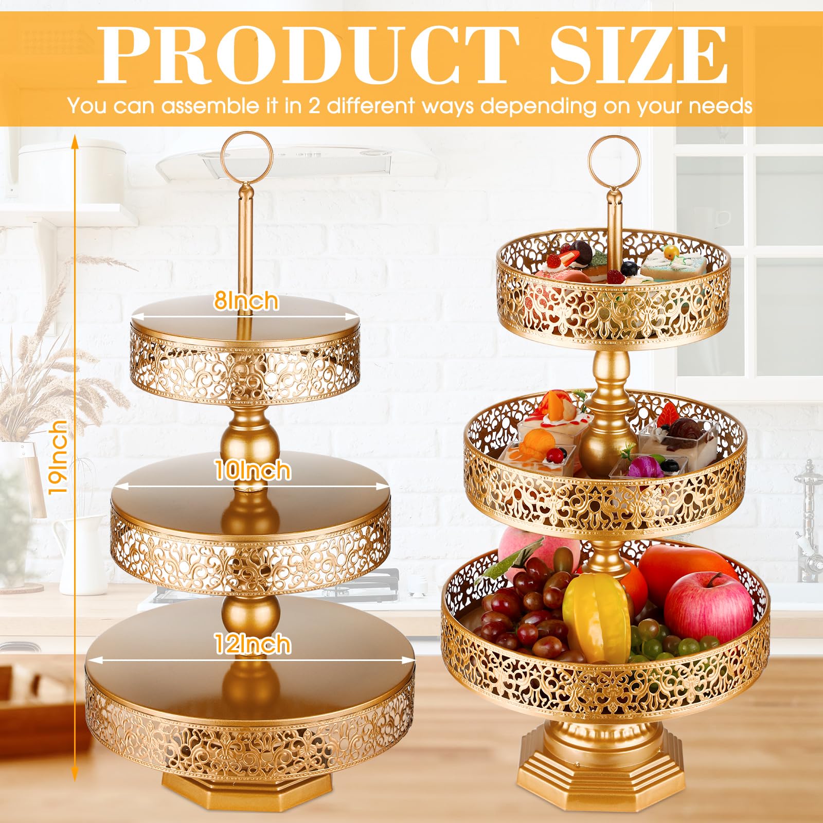 Dandat 2 Pcs Cupcake Stand 3 Tiered Metal Dessert Stand Round Cupcake Tower Cake Holder Stand Tiered Serving Tray for Wedding Baby Shower Birthday Tea Party Table Decor (Gold)