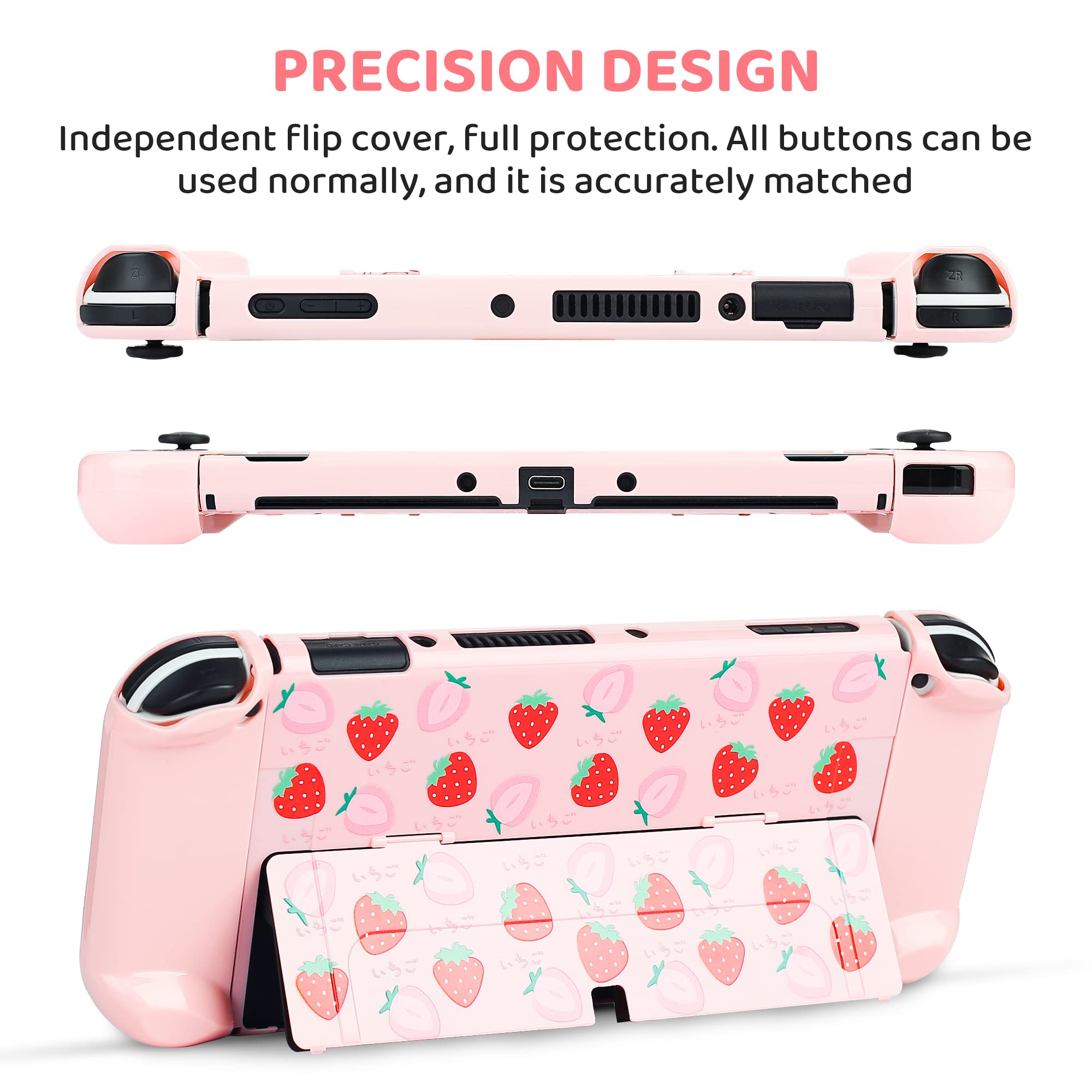 FANPL Pink Protective Case for Nintendo Switch OLED, Cute PC Case Cover Compatible with Switch OLED, Kawaii Skin Accessories for Girls with Thumb Caps and Screen Protector - Pink Strawberry Pattern