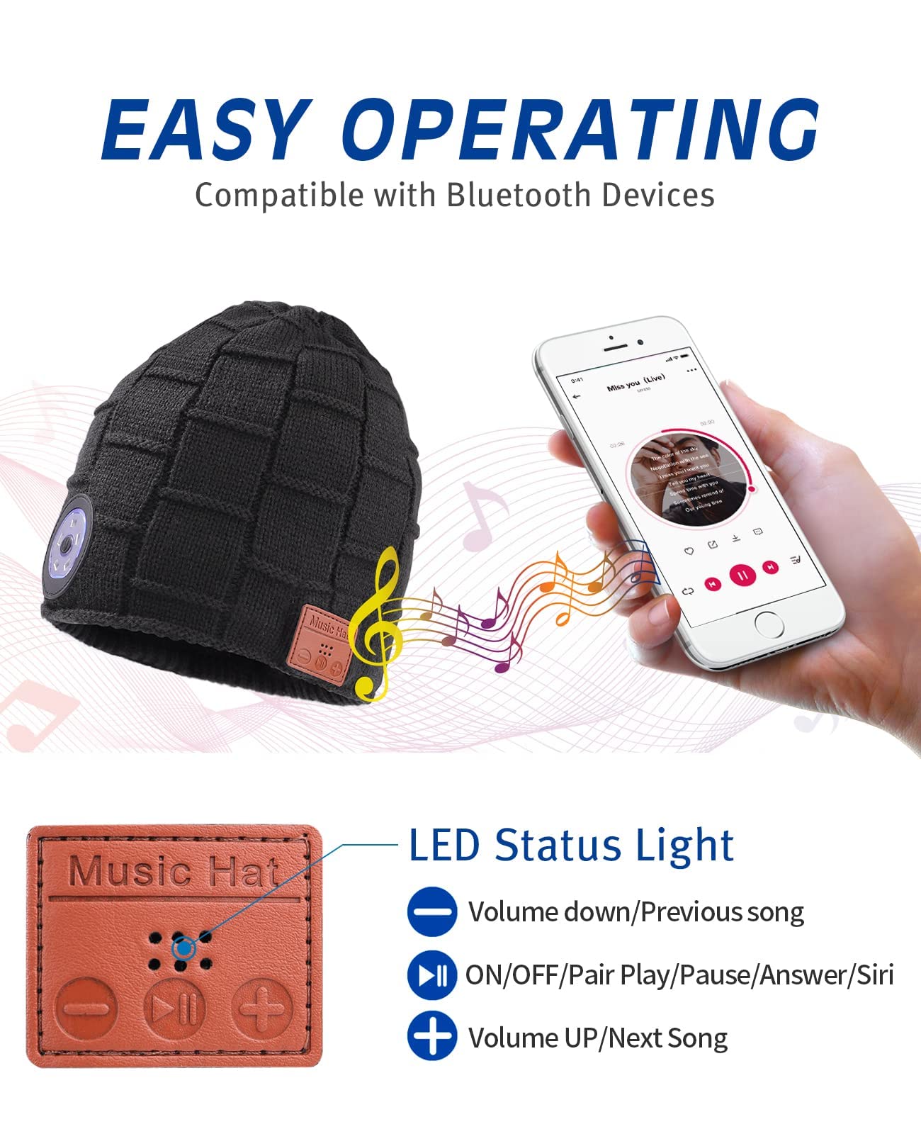 Sleep Mask Bluetooth Eye Mask with White Noise Bundle Bluetooth Beanie Hat with Light, Christmas Gifts for Men Women Dad