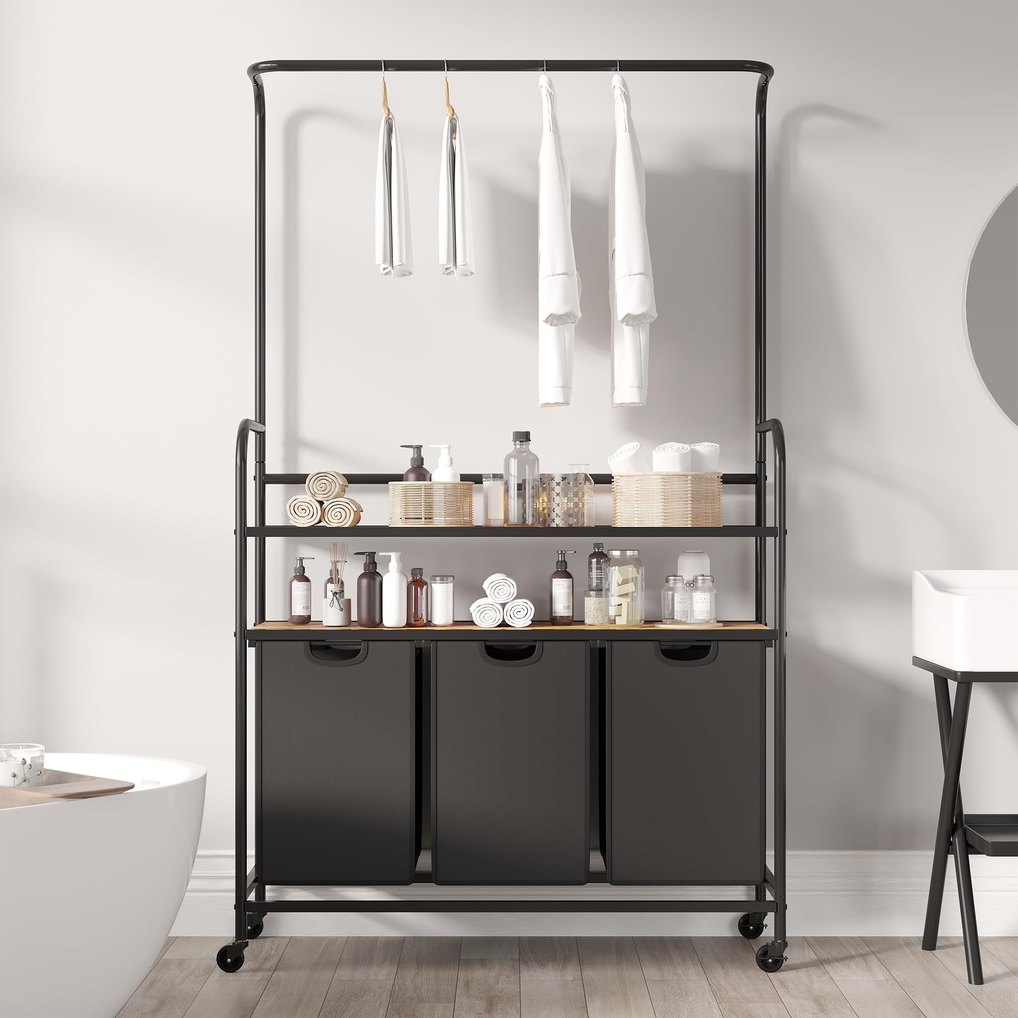kepptory Laundry Basket 3 Section, 3 × 11.5 Gal (47L), Laundry Hamper Laundry Sorter 3 Section with Shelves and Clothes Hanging Bar, Rolling 3 Compartment Laundry Hamper for Laundry Bathroom Bedroom