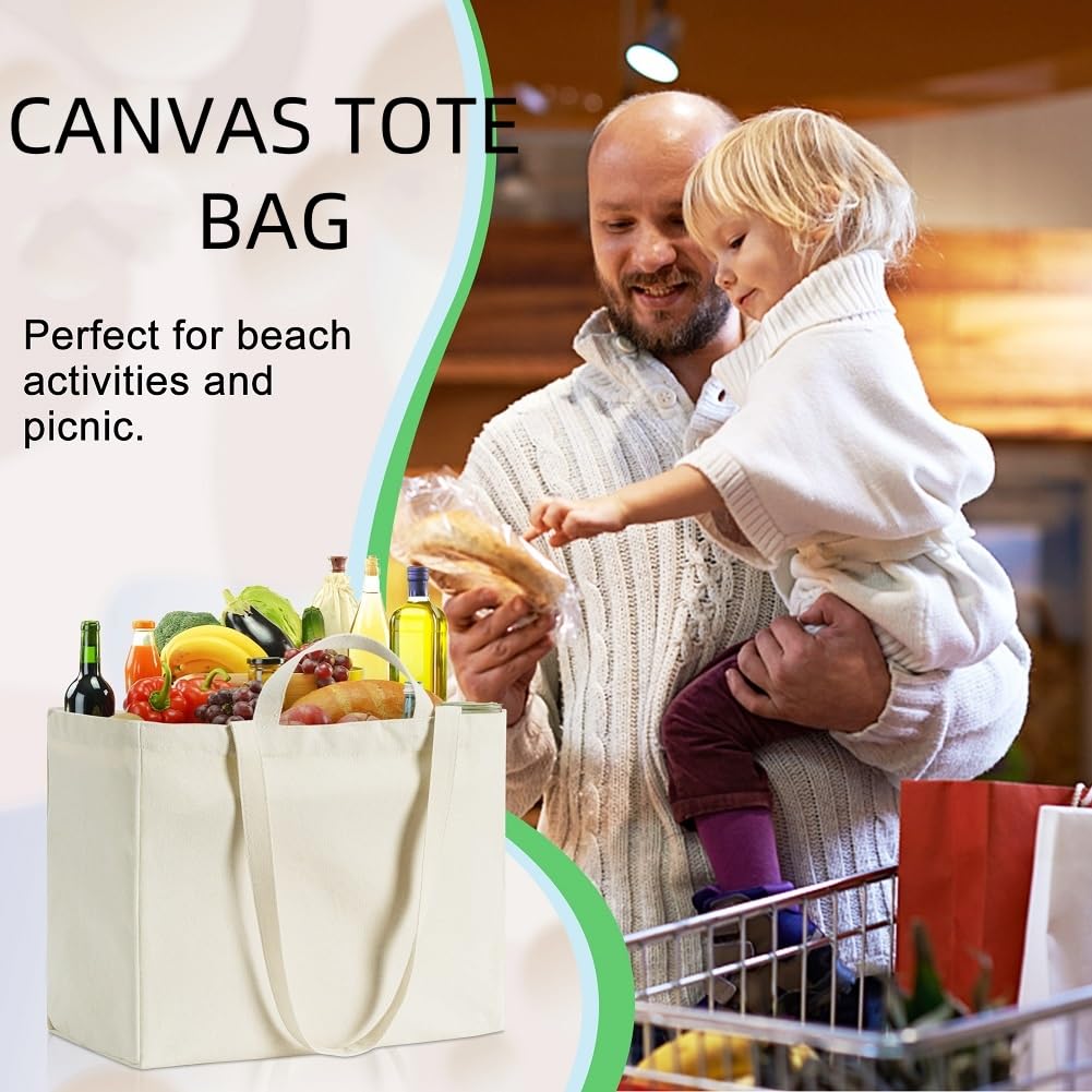 HQCUPB 4 Pack Canvas Tote Bag Reusable Grocery Bags Shopping Bags for Groceries Foldable Heavy Duty Washable Canvas Bag with Handles (4 Pack, Natural Color)