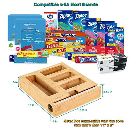 MillTu Ziplock Bag Storage Organizer for Kitchen Drawer, 5 in 1 Bamboo Food Storage Bag Organizer with Plastic Wrap Organizer, Compatible with Gallon, Quart, Sandwich, Snack Bag & Kitchen Rolls