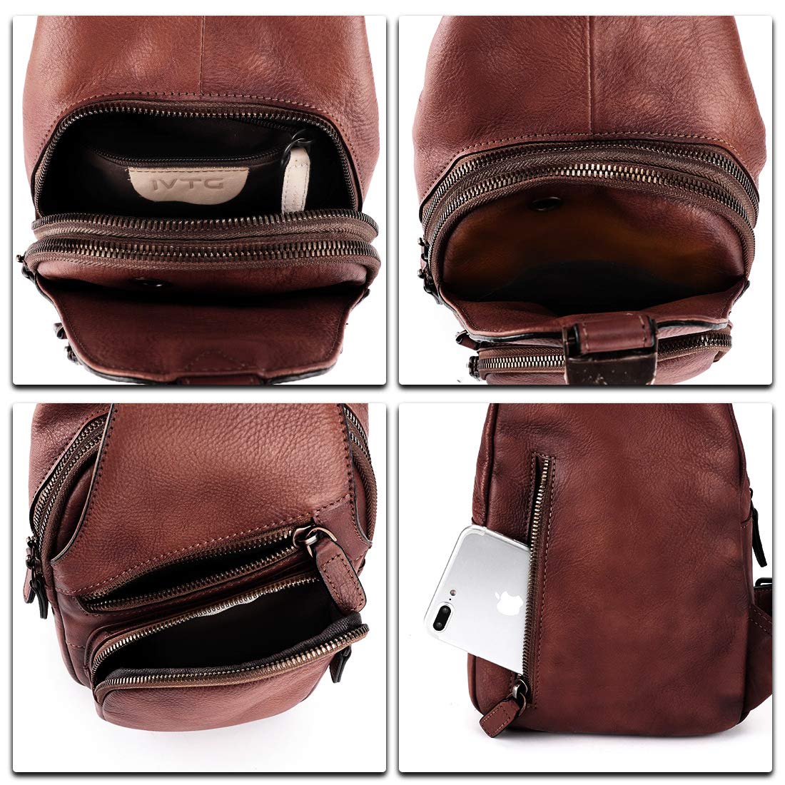 Genuine Leather Sling Bag Chest Shoulder Hiking Backpack Vintage Handmade Crossbody Daypack (Coffee)