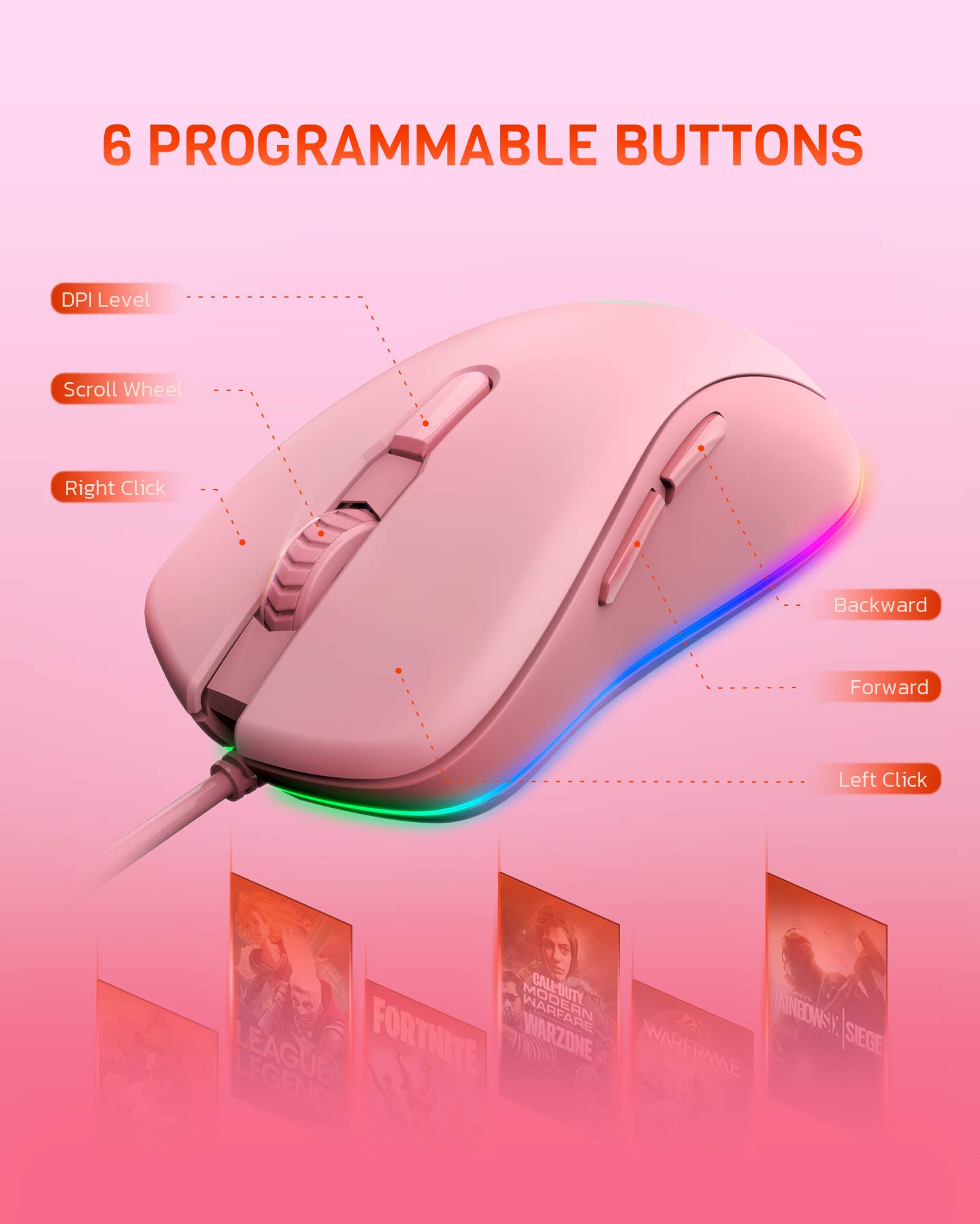 DAREU Wired Pink Gaming Mouse, 6400DPI,6 Programmable Buttons, Ergonomic RGB Gaming Mouse with 16.8 Million Chroma 7 Backlit for PC, Laptop, and Notebook (Pink)