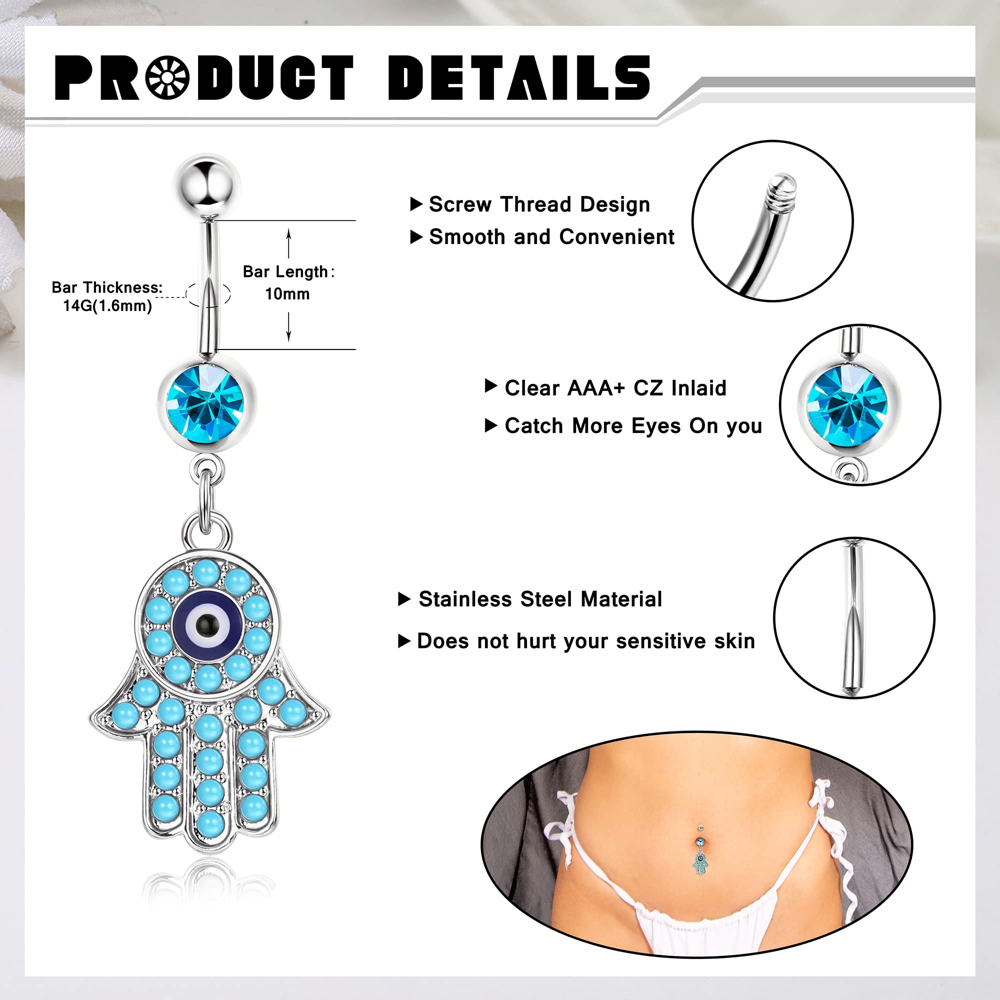 Fansilver 14G Belly Button Rings Dangle for Women Stainless Steel Butterfly Evil Eye Key lock Belly Button Rings Clear CZ Navel Rings Belly Piercing Jewelry Pack