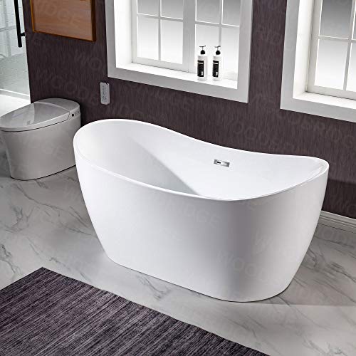 WOODBRIDGE 59" Acrylic Freestanding Bathtub Contemporary Soaking White Tub with Chrome Overflow and Drain,B0016 -C-Drain &O