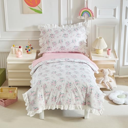 Cotton Toddler Bedding Set with Ruffle Fringe, 4 pc Floral Toddler Bed Set Includes Adorable Quilted Comforter, Fitted Sheet, Top Sheet, and Pillow Case (Purple and Yellow White Flowers)