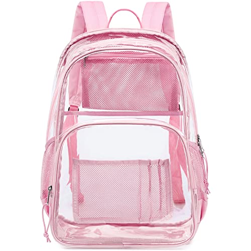 MIRLEWAIY Lightweight durable See Through Book Bag Stadium Approved Schoolbag Heavy Duty Mesh school Backpack with Inner Compartment, Pink