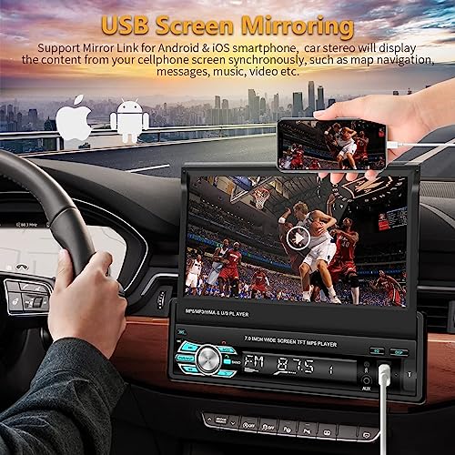 Podofo Single Din Apple Carplay Car Stereo with Bluetooth AHD Backup Camera, 7” flip Out Touch Screen Car Radio MP5 Player Support Android Auto, Mirror Link, USB, TF, FM Radio, Aux-in, SWC