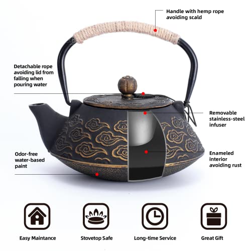 MILVBUSISS Cast Iron Teapot, Japanese Tea Pot with Infuser for Loose Leaf, Tea Kettle Stovetop Safe Coated with Enameled Interior, Clouds Pattern 27oz, 800ml Black