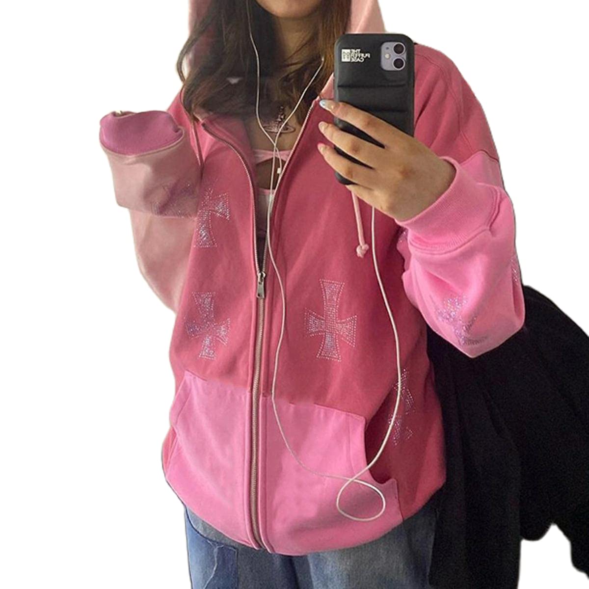 Creaion Rhinestone Graphic Zip Up Hoodies for Women Oversized Y2k Sweatshirt Jacket E-Girl 90s Pullover Streetwear
