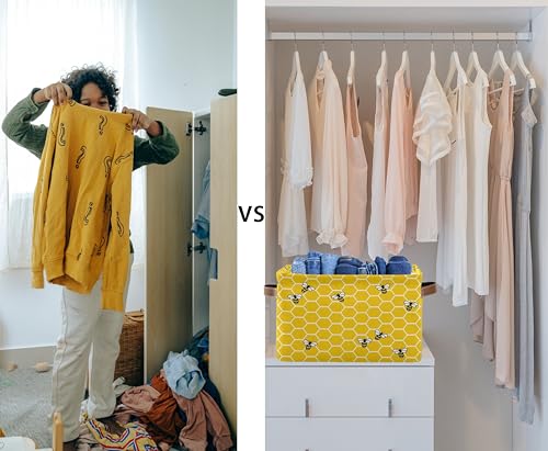 DEHOZO Storage Basket Bins, Honeycomb Bees Geometric Collapsible Storage Cubes Organizer with Handles, Closet Shelves Clothes Storage Box Toys Organizer for Bedroom Living Room, 2pcs
