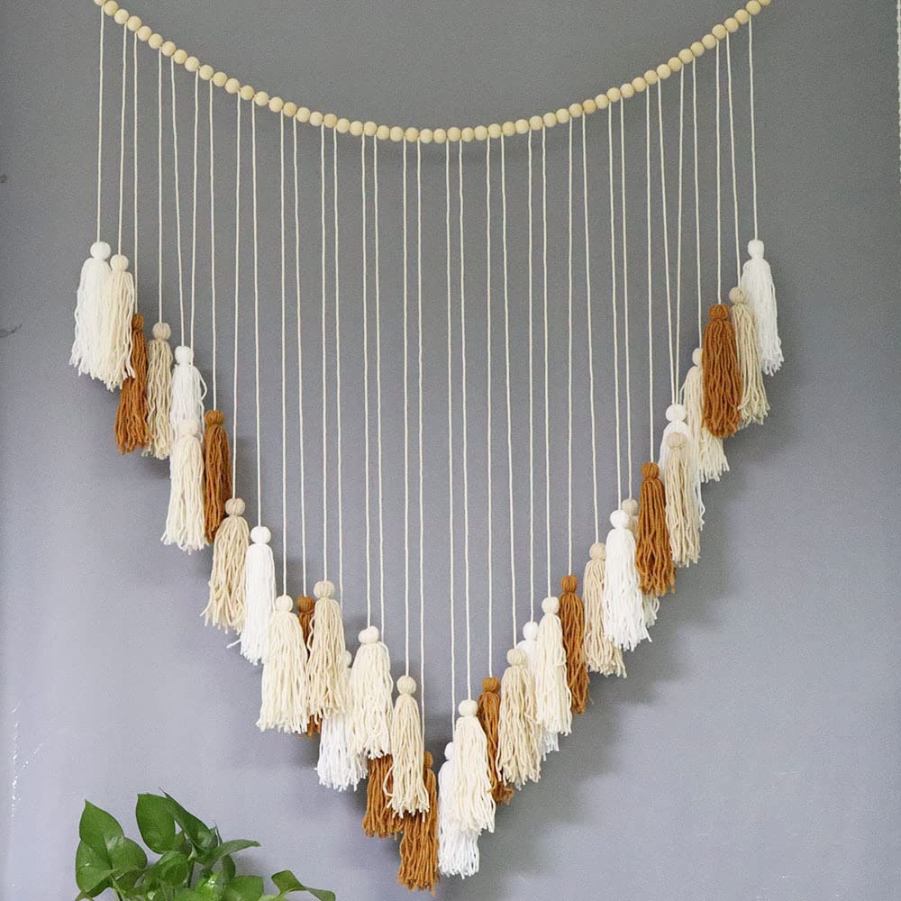 Coucou Large Macrame Tassel Wall Hanging Boho Wall Decor, Yarn Tassels Garland with Wood Beads for Nursery Decor 41" x 31''