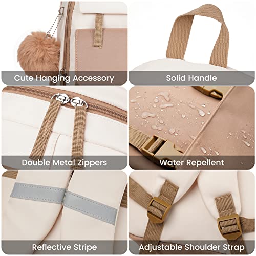MOMUVO Backpacks for Girls, 15.6 Inch Laptop School Bag Cute College Backpack Large Bookbags for Teens Women Students Anti Theft Travel Daypack (Khaki & Beige)