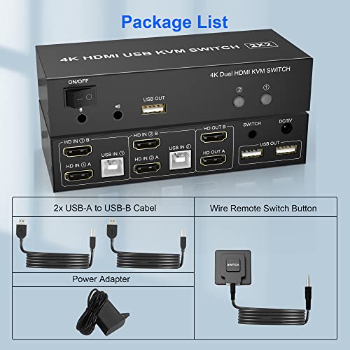 HDMI KVM Switch Dual Monitors 2 Computers, 4K@60Hz Extended Display 2 Ports HDMI KVM Switch 2 Monitors 2 Computers with 3 USB Ports and Audio Microphone Port, PC Monitor Keyboard Mouse Switcher