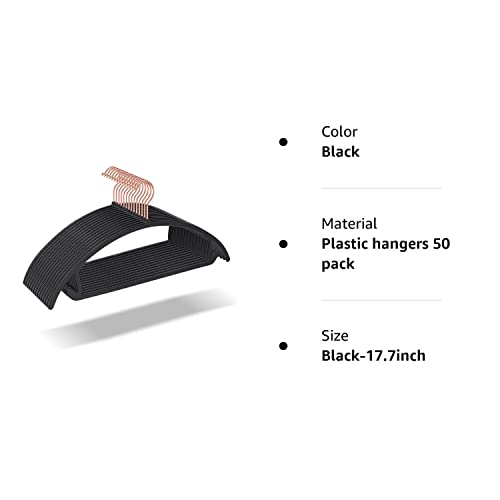 OIKA Hangers 50pack No Shoulder Bump Plastic Suit Hangers - Rose Gold Hooks,Non Slip Space Saving Clothes Hangers, Heavyduty Pants Hangers, Black Hangers