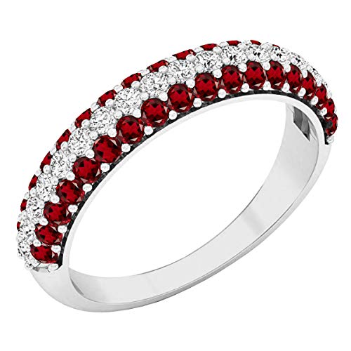 Dazzlingrock Collection Round Garnet & White Diamond 3 Row Style Anniversary Wedding Band for Women in 14K White Gold Size 8