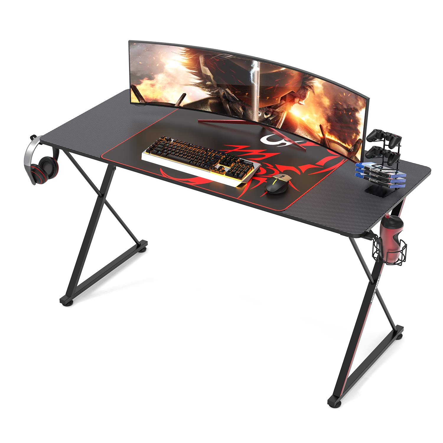 DESIGNA 55'' Gaming Desk, X-Shape Computer Desk Small Desk Gamer Workstation with Free Mouse pad, Cup Holder& Headphone Hook & Controller Stand, for Home Office, Black