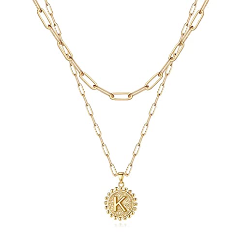 Ursteel Gold Necklace for Women, 14K Gold Plated Dainty Layering Paperclip Chain Necklace Letter K Initial Coin Pendant Necklaces Layered Gold Necklaces for Women Jewelry Gifts Gold Jewelry for Women