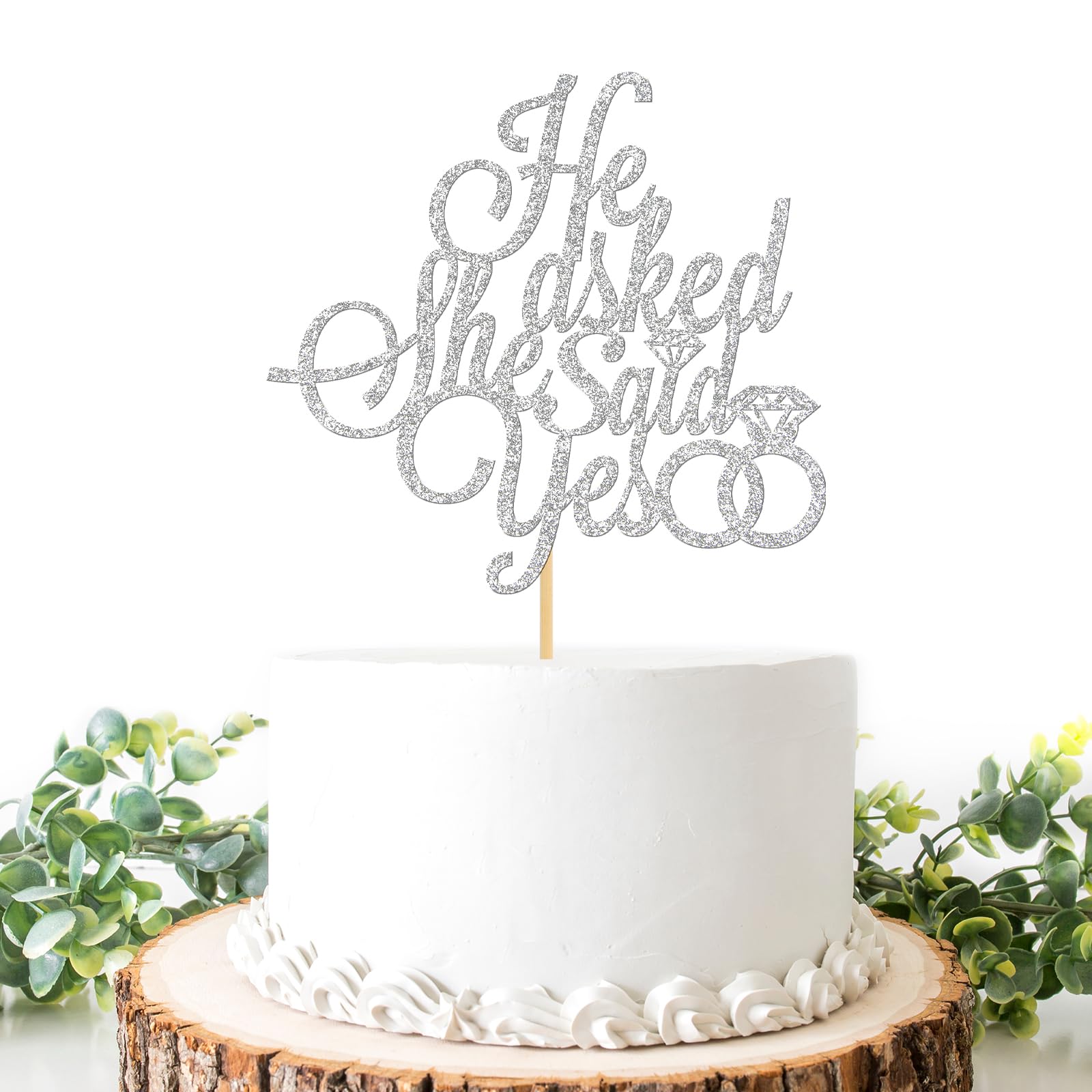 He Asked She Said Yes Cake Topper, Just Engaged, From Miss to Mrs, Silver Glitter Bride to Be Happy Engagment Party Cake Decorations