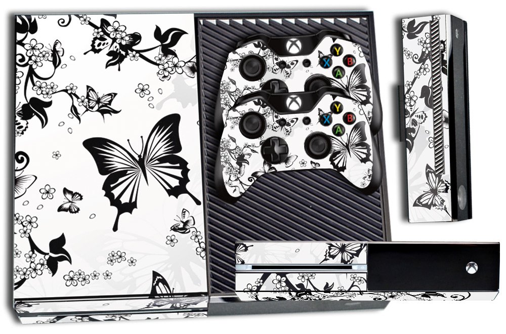 Designer Skin Sticker for the Xbox One Console With Two Wireless Controller Decals White Blossoms & Butterflies