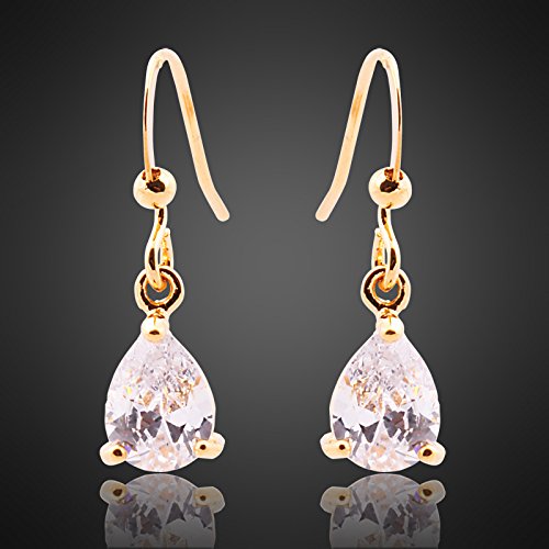 Dangle Drop Pierced Earrings with Pear Cut CZ White Cubic Zirconia in 18K Yellow Gold Plated, Simple Modern Elegant