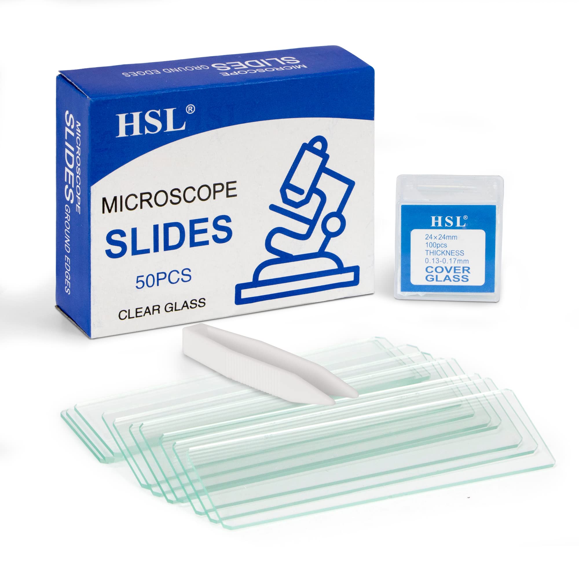 HSL Microscope Glass Slides 50 Pcs Pre-Cleaned Blank Microscope Slides and 100 Pcs 24 * 24mm Square Cover Glass,Ground Edge,Clear Glass