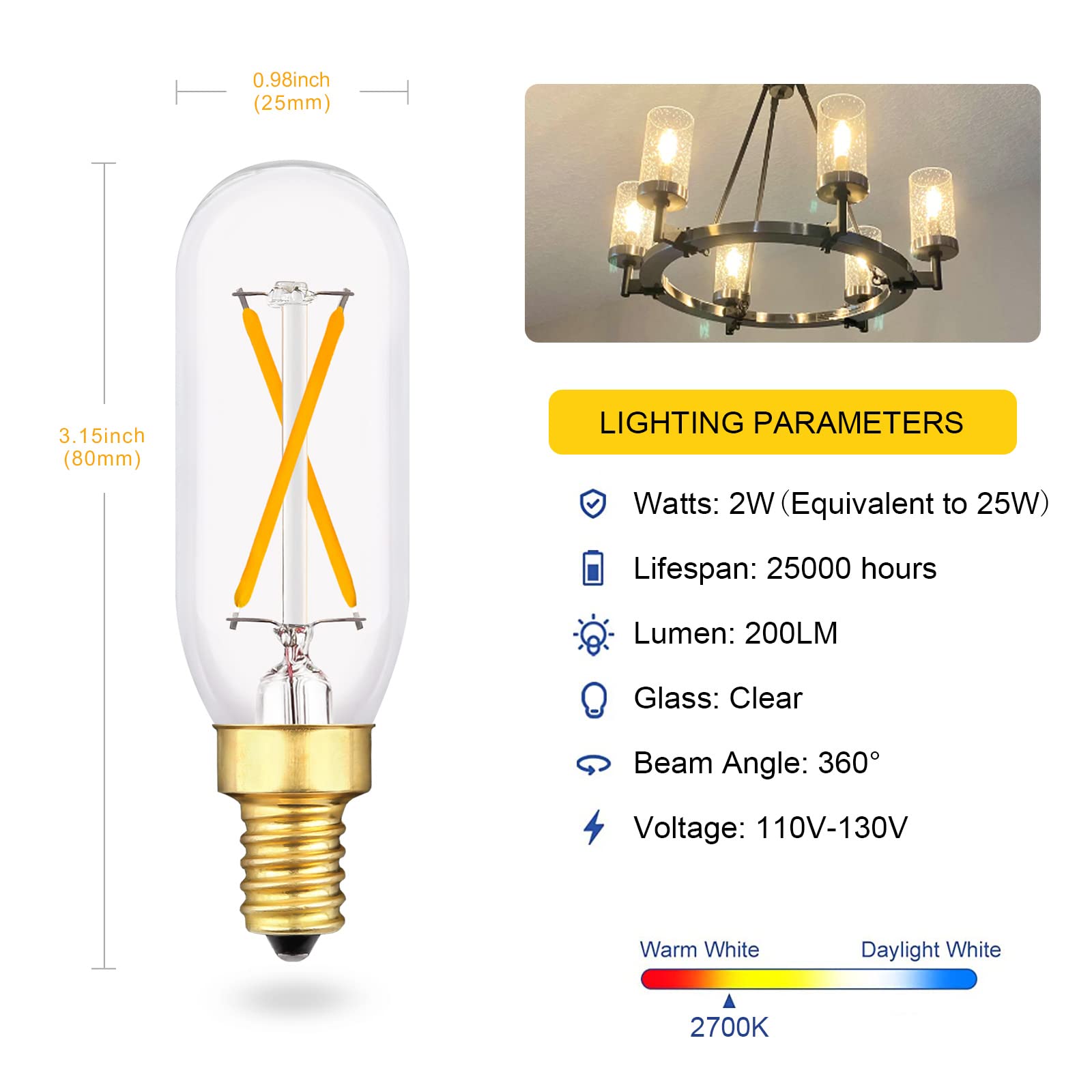 Dimmable T6 LED Bulb, 40W Candelabra Light Bulbs 3000K Soft White, Clear 4W T8 E12 Edison Bulbs, Small Filament LED Light Bulb for Chandelier, Ceiling Fan, Pendant,Wall Sconce Fixtures, 6 Pack