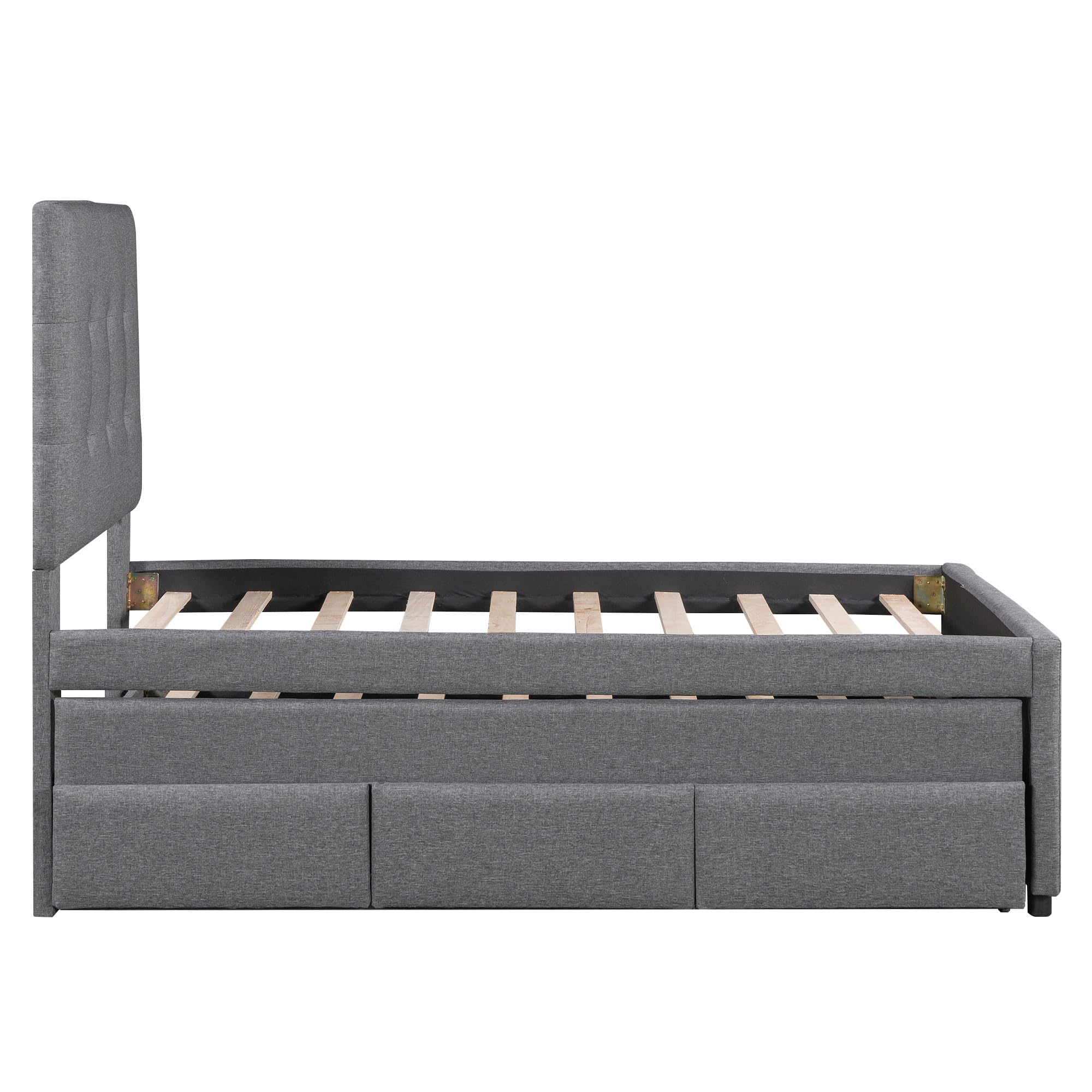DNYN Upholstered Twin Size Platform Bed with Trundle & 3 Drawers for Kids Bedroom,Solid Wood Bedframe w/Storage & Headboard,No Box Spring Needed & Super Save Space,80.5" L x 80.75" W x 56.25" H, Gray
