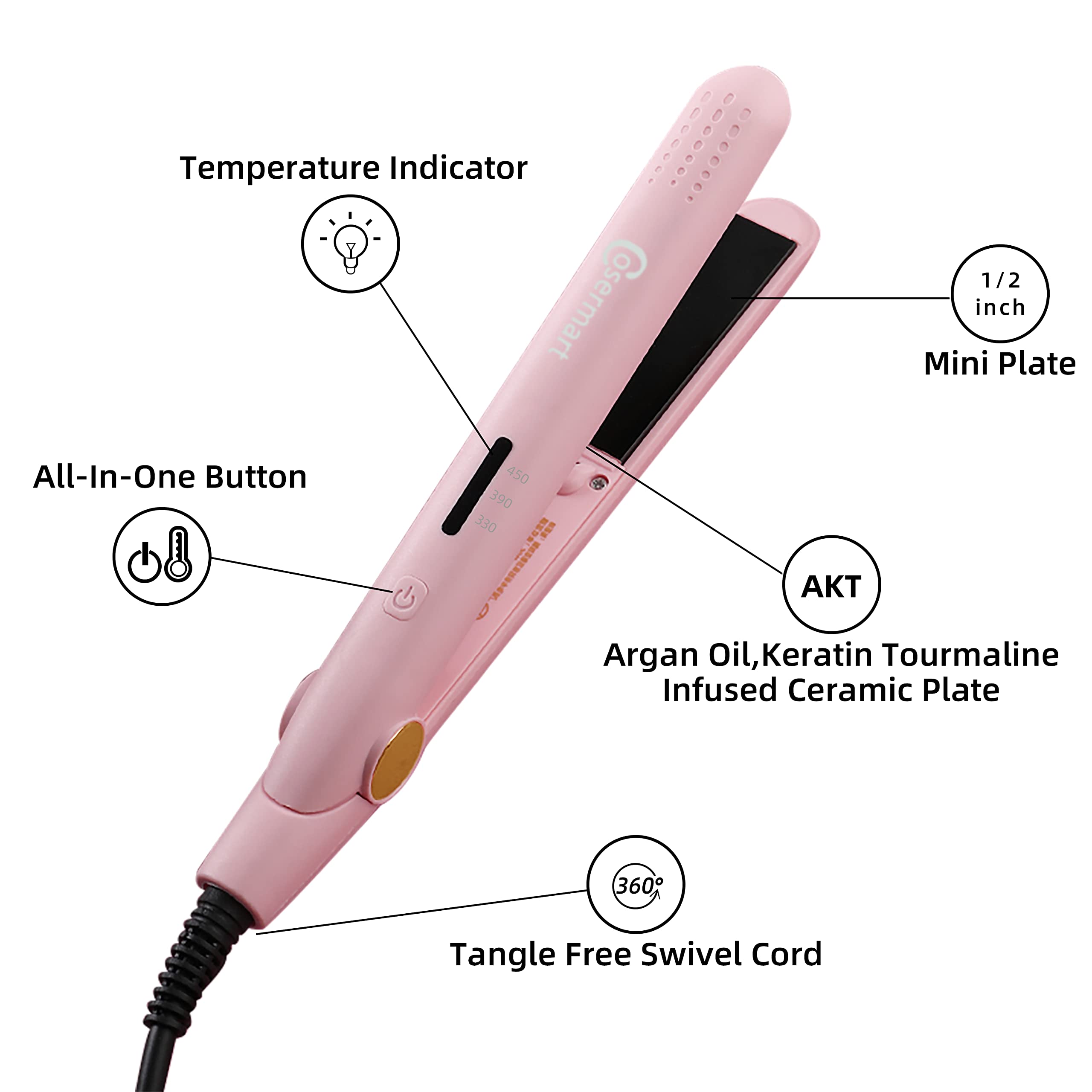 Cosermart Temperature Adjustable Ionic Titanium Ceramic Hair Straightener and Curler 2 in 1 - Dual Voltage Curling Bangs Flat Iron Great for Salon and Travel, Pink