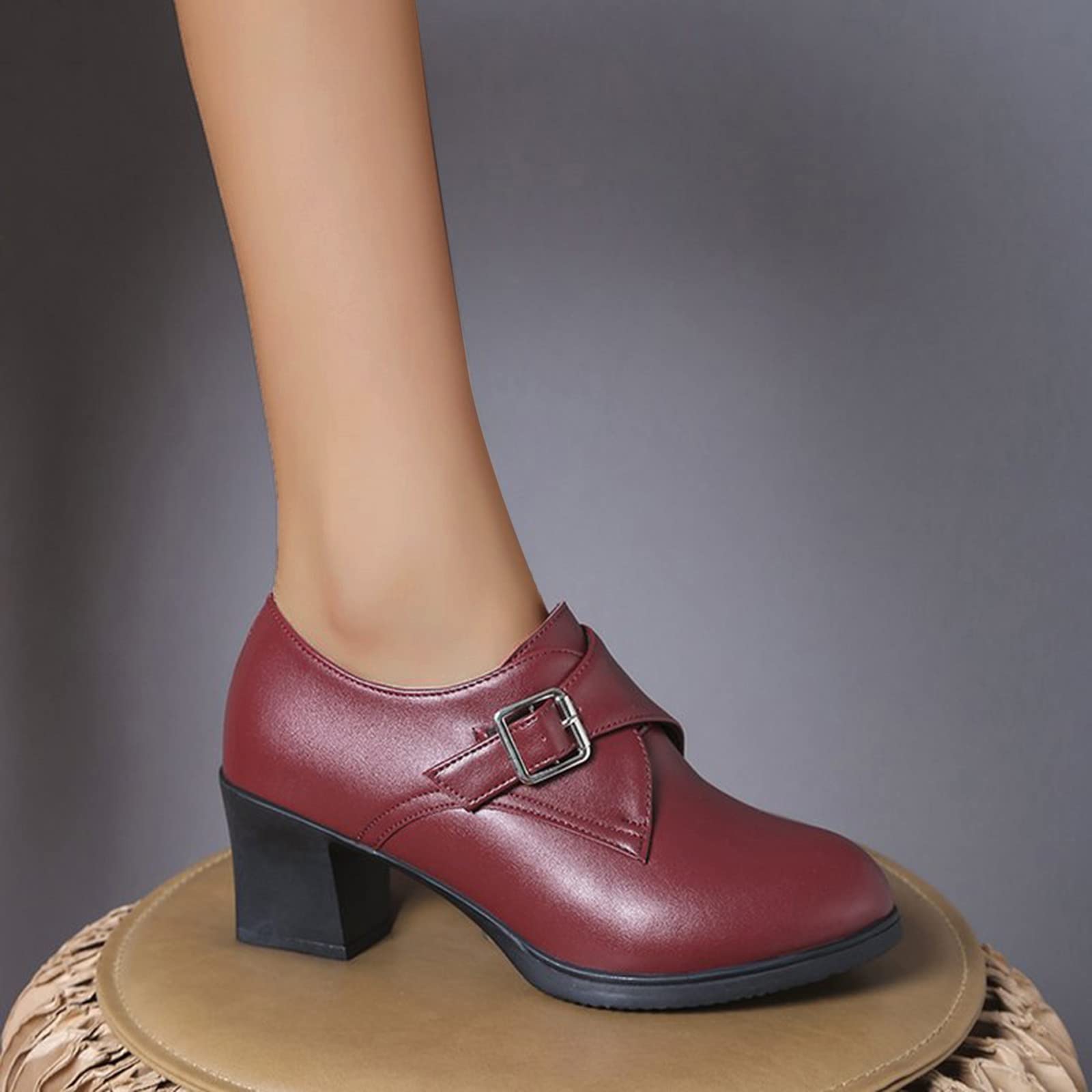 FASDNENDYS Ladies Fashion Solid Color Leather Belt Buckle Chunky High Heel Pumps Casual Shoes 2 Inch High Heels Wine