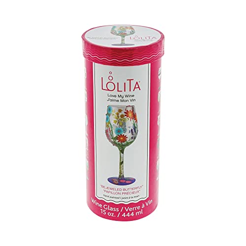 Enesco Designs by Lolita Bejeweled Butterfly Artisan Hand-Painted Wine Glass, 1 Count (Pack of 1), Multicolor