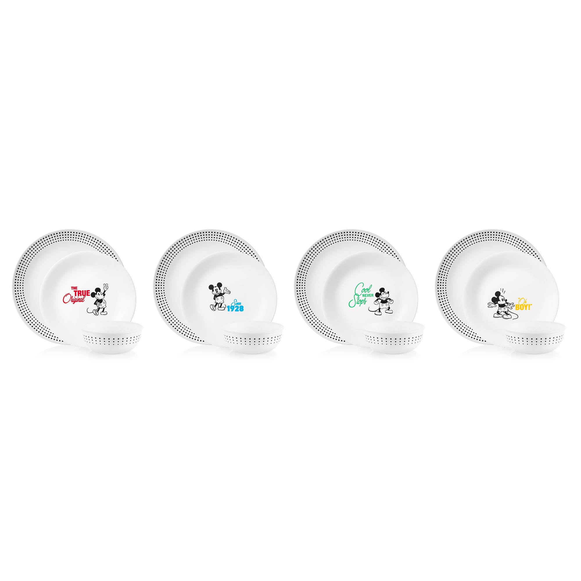 Corelle Vitrelle 12-Piece-Dinnerware Set, Triple Layer Glass and Chip Resistant, Lightweight Round-Plates and-Bowls Set, -Disney's-Mickey-Mouse - The True Original