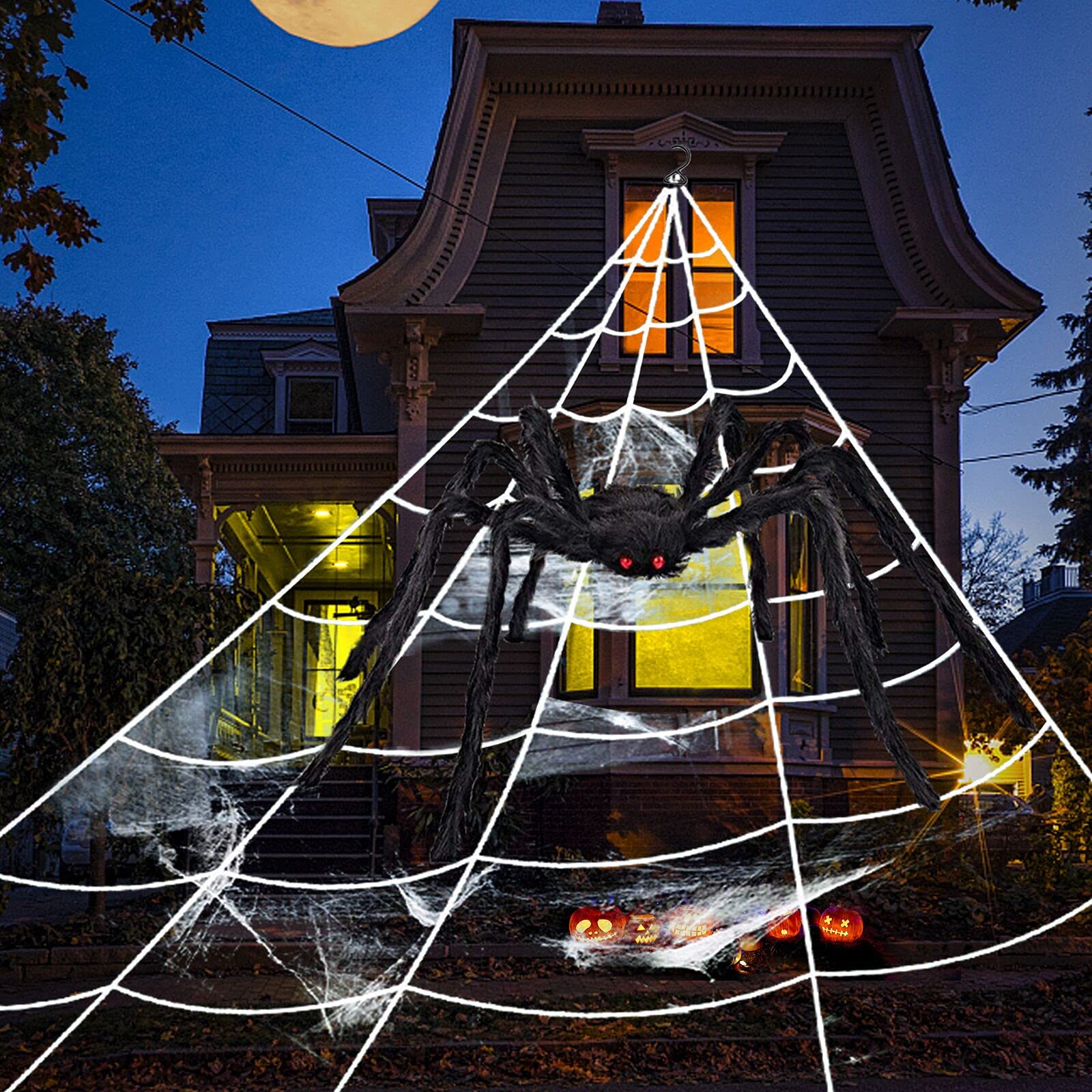 Halloween Decorations Outdoor 16 FT Giant Halloween Spider Web + 50" Large Spider, Triangular Huge Spider Web and Stretch Cobwebs Outdoor Halloween Decorations Yard Lawn Party Decor Props for Haunted