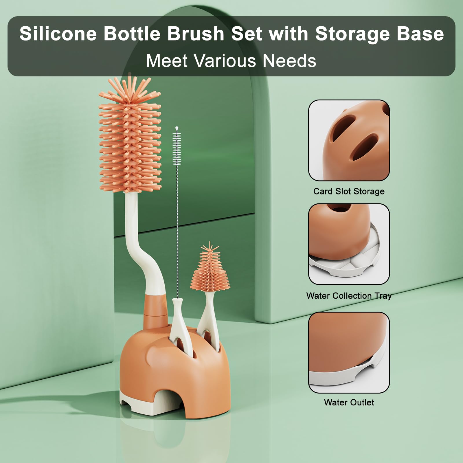 eBanGo Silicone Bottle Brush Set with Stand, 360° Rotating Silicone Bottle Cleaning Brush Cleaner Set, Long Handle 3 in 1 Multipurpose Silicone Baby Bottle Gap Cap Cleaner Brush (Orange)