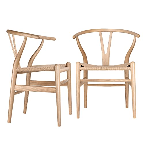 Polynices Wishbone Chair, Weave Modern Solid Wood Mid-Century Y Shaped Backrest Dining Chair (Natural Set of 2)
