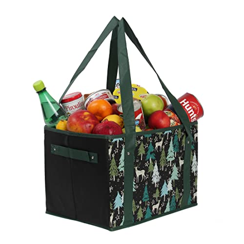 Earthwise Deluxe Collapsible Reusable Shopping Box Grocery Bag Set with Reinforced Bottom Plaid Holiday Winter Design Storage Boxes Bins Cubes (Set of 3)