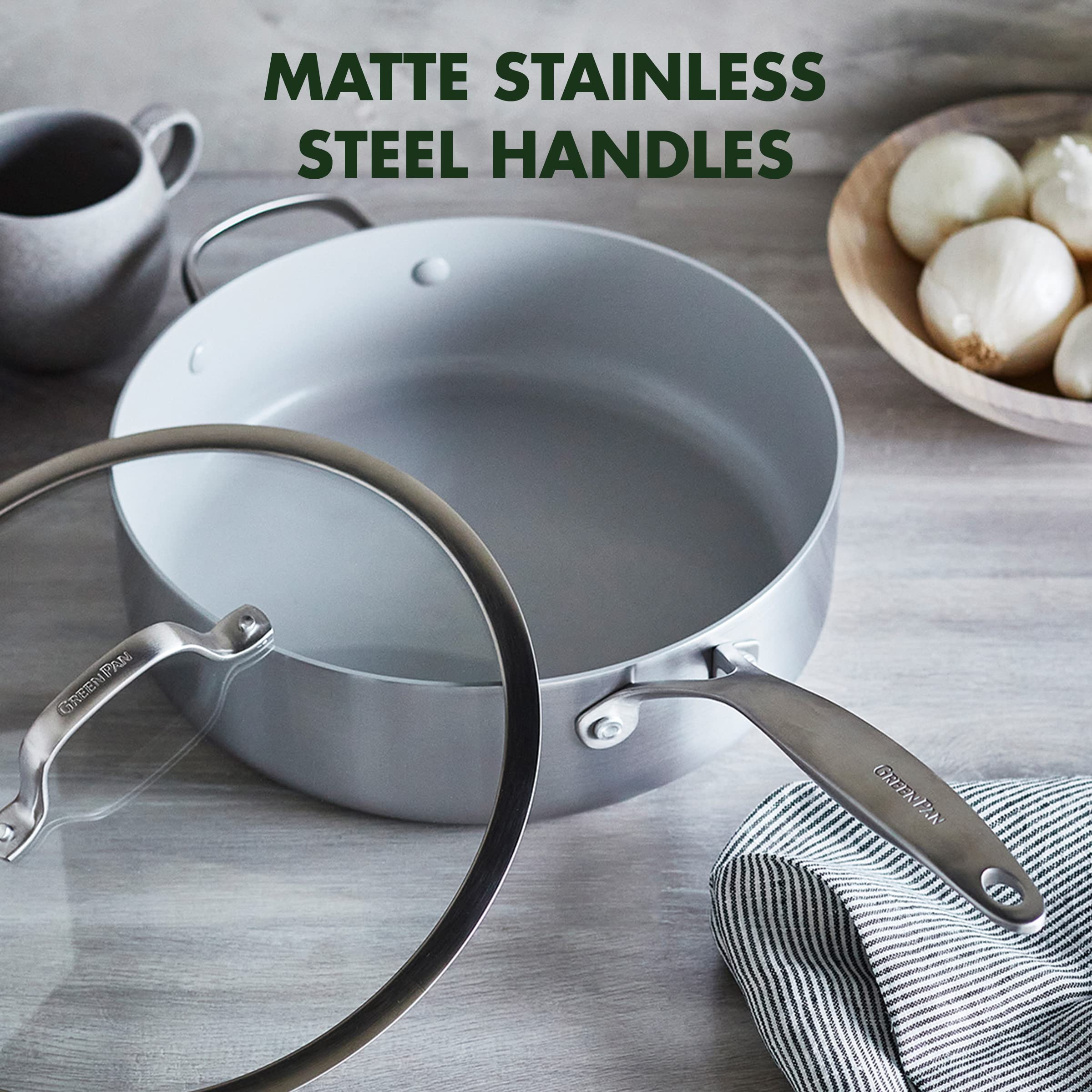 GreenPan Venice Pro Tri-Ply Stainless Steel Healthy Ceramic Nonstick 5QT Saute Pan Jumbo Cooker with Helper Handle and Lid, PFAS-Free, Multi Clad, Induction, Dishwasher Safe, Oven Safe, Silver