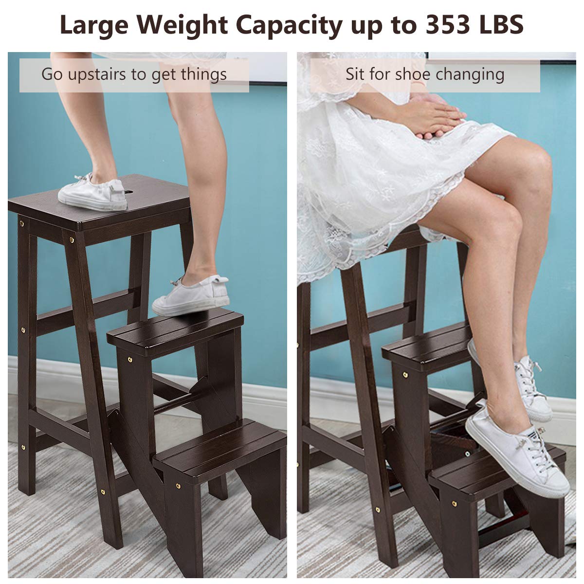 DORTALA 3 Tier Folding Step Stool, Rubber Wood Multifunctional Ladder Chair Bench, Portable Utility Seat, Flower Rack, 353 Lbs Capacity, Ideal for Library, Home (Coffee)